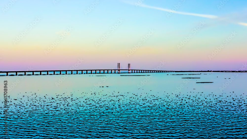 Oresund bridge. A long tunnel bridge with an artificial island between ...