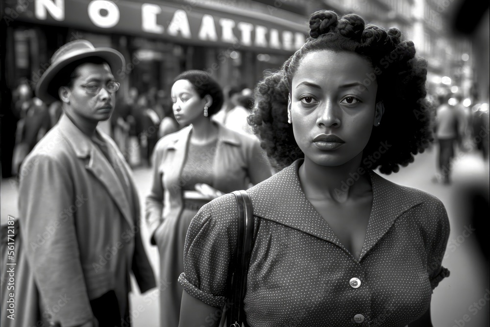 Young black woman walking in Detroit in 1950. monochromatic vintage ...