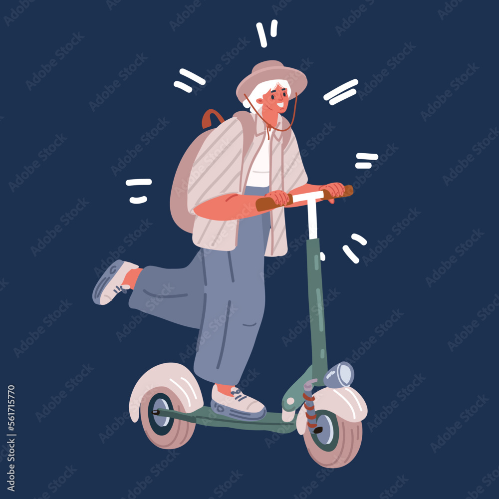 Cartoon vector illustration of woman riding motorized kick scooter ...
