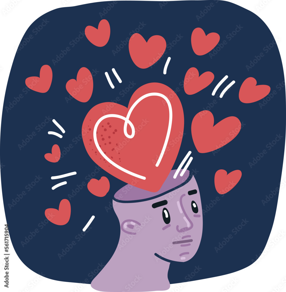 Cartoon vector illustration of heart inside humnan head. A man takes ...