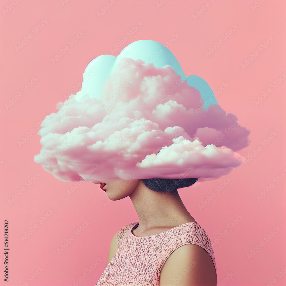 A faceless woman who has a big, thick, white cloud instead of a face ...