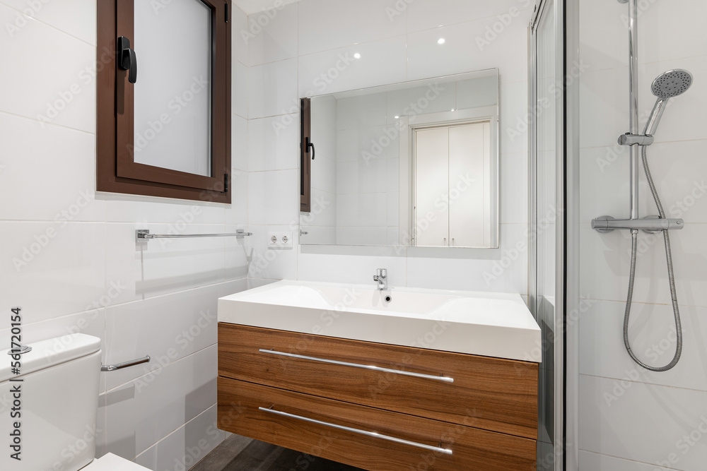 Bathroom with washbasin on hardwood vanity with two drawers for ...