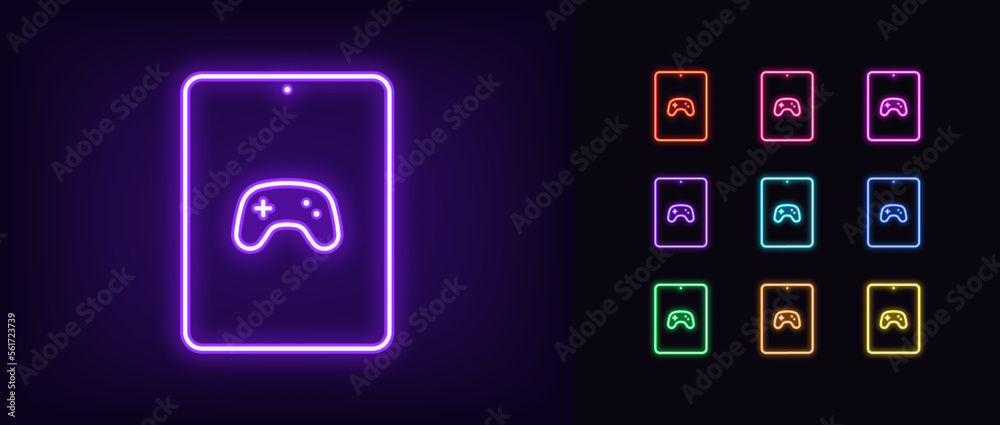 Outline neon tablet icon set. Glowing neon tablet frame with gamepad ...