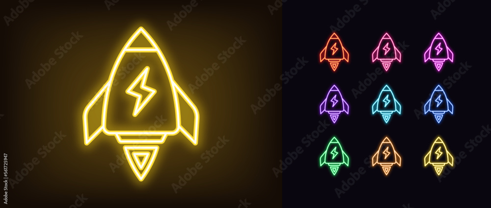 Outline neon rocket icon set. Glowing neon space ship frame with ...