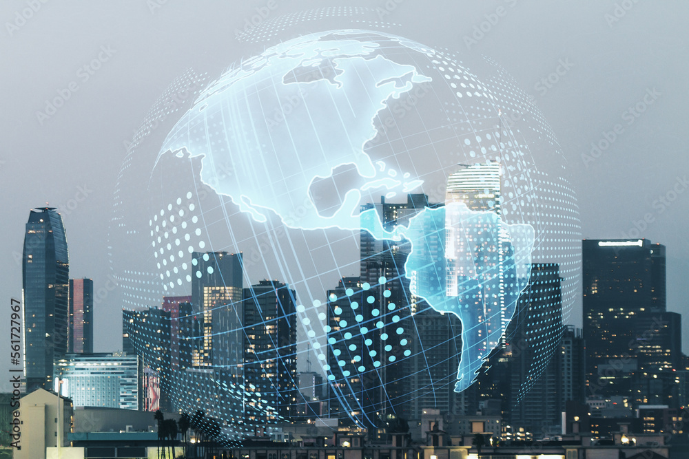 Virtual digital map of North America on Los Angeles skyline background ...