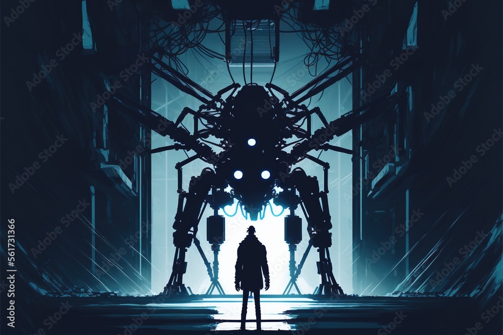 scientist standing looking at a gigantic lab robot, digital art style ...
