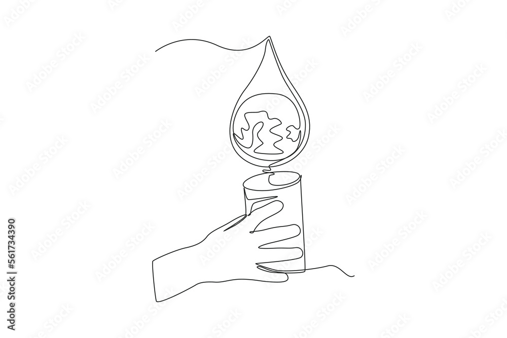 Single one line drawing child's hand holding drops of water on a glass ...