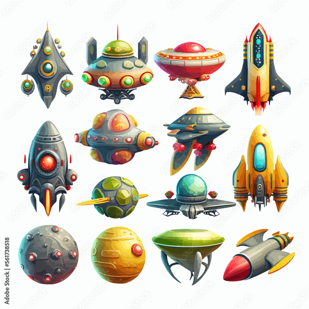 Alien spaceship game icons vector set. Isolated on background. Cartoon ...