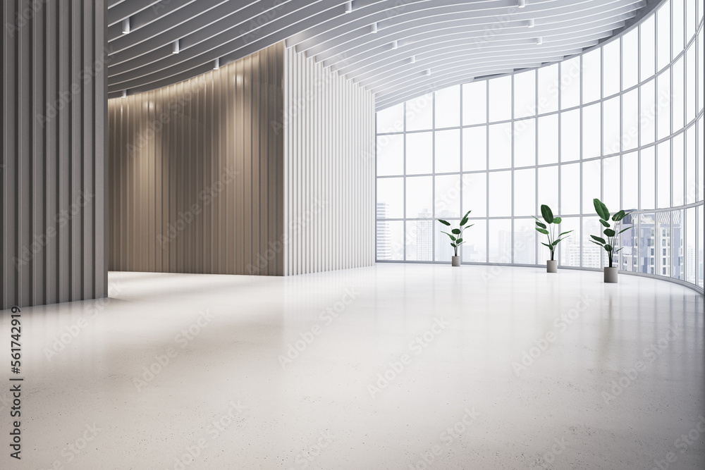 Modern light hallway interior with designer walls, panoramic window ...