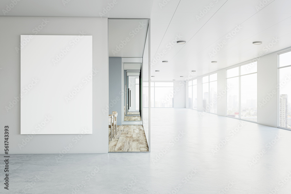Front view on blank white poster on light wall background in sunlit ...