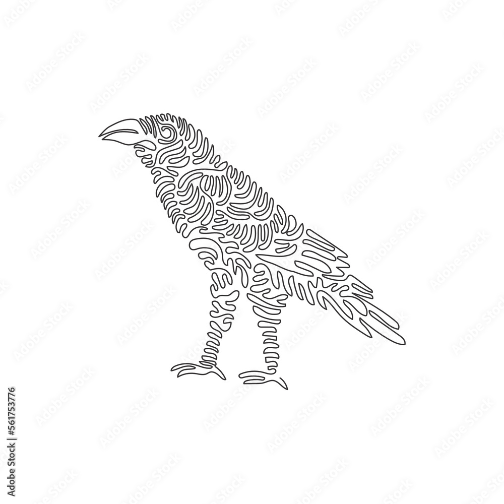 Single curly one line drawing of scary raven. Continuous line draw ...