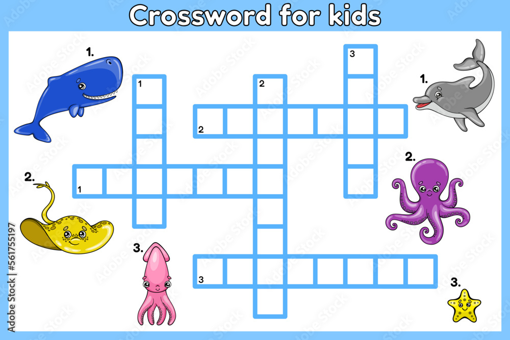 Crossword puzzle game for kids with cartoon sea animals . Educational ...