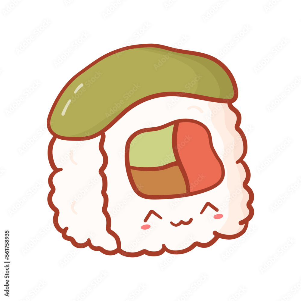 Cute sushi roll in cartoon style. Traditional asian food in doodle ...