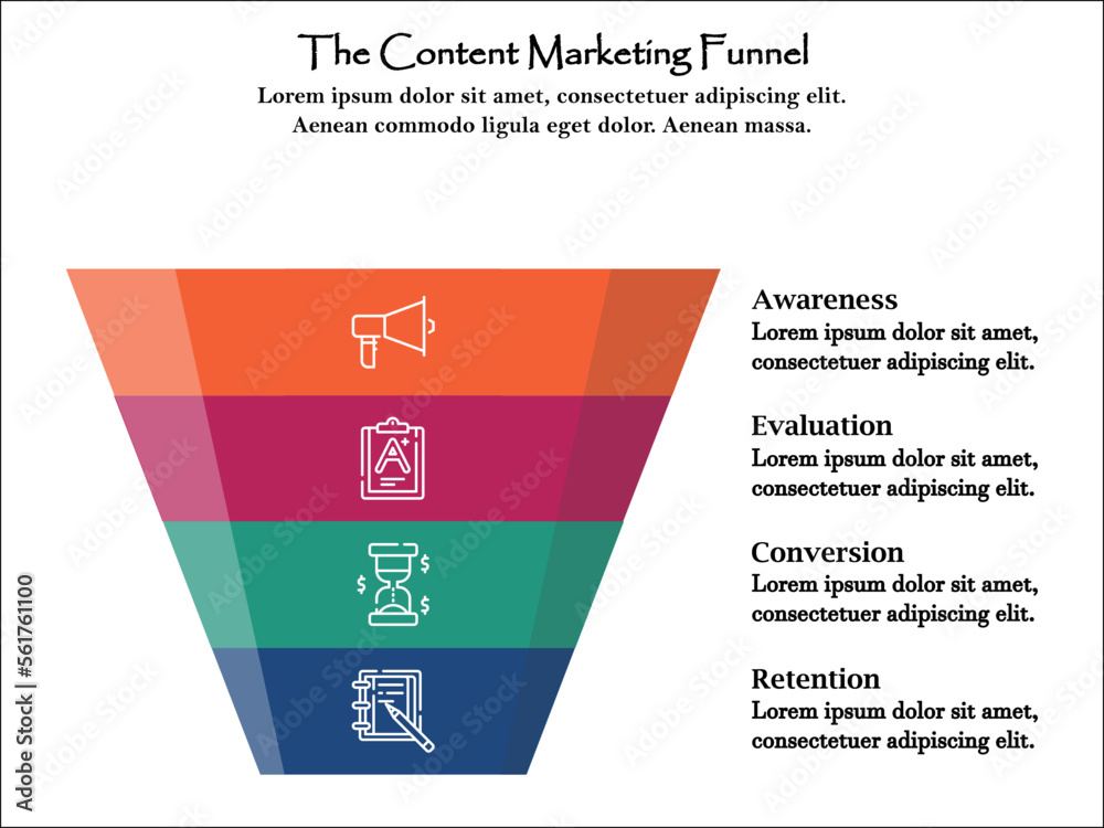 Content marketing funnel with icons and description placeholder in a ...
