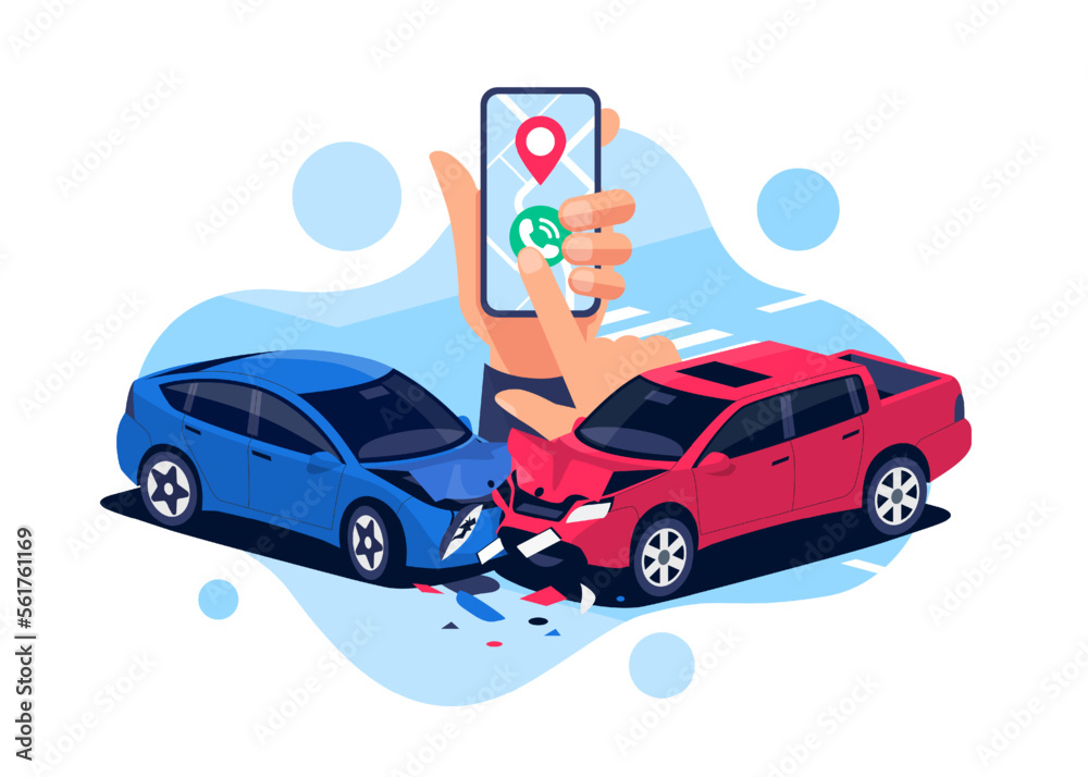 Grafika wektorowa Stock: Car crash with urgent phone call. Smartphone ... Grafika wektorowa Stock: Car crash with urgent phone call. Smartphone ...