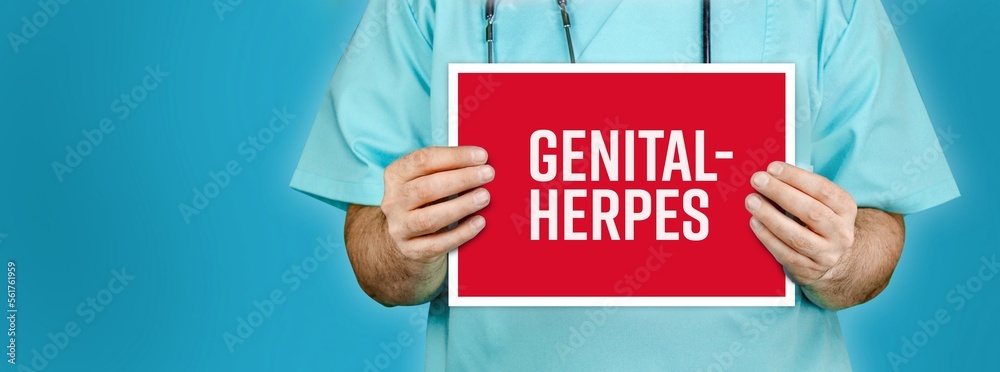 Genitalherpes (Herpes genitalis). Medizinisches Wort auf rotem Schild ...