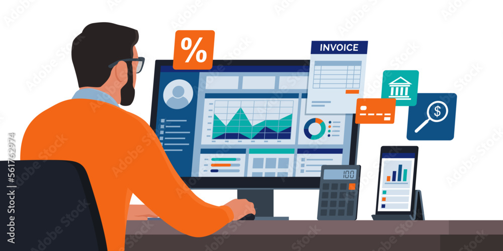 Businessman checking reports and online bank account on computer Stock ...