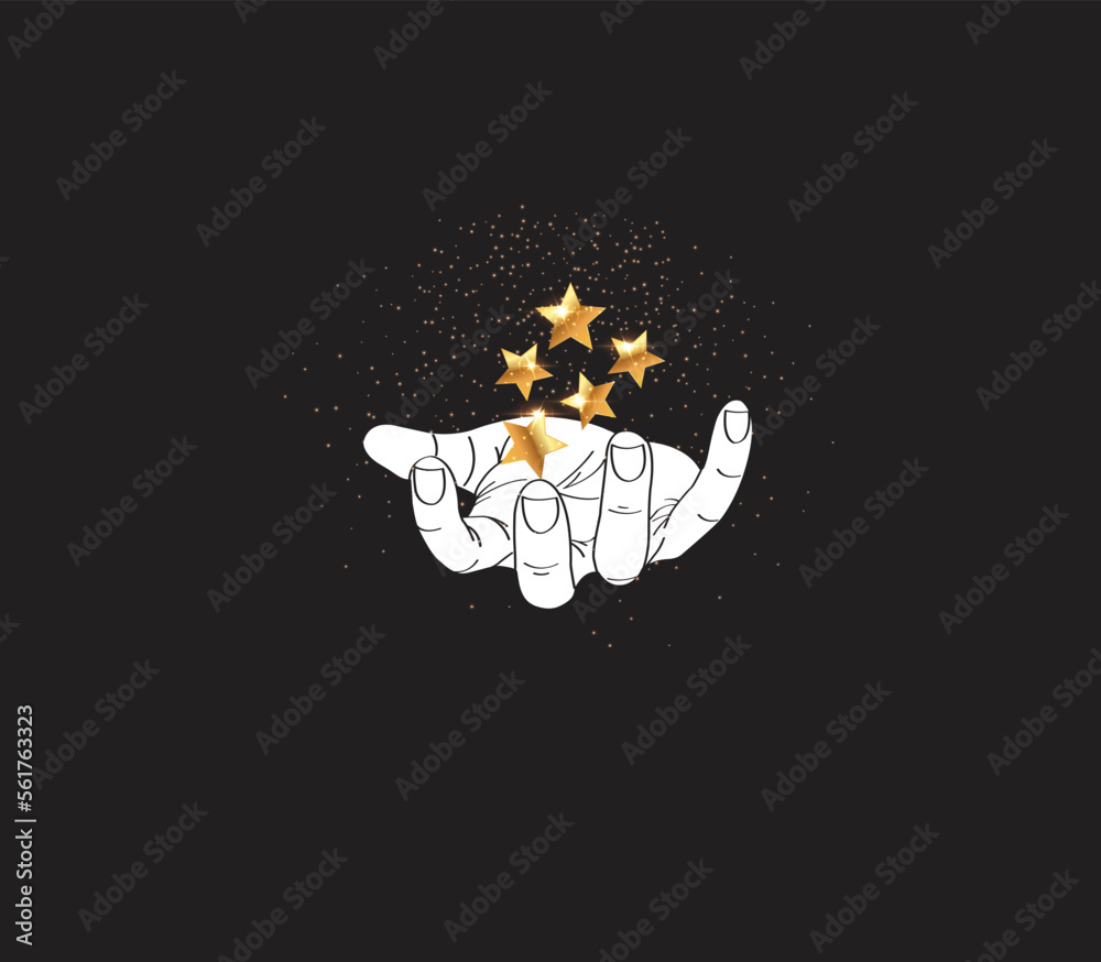 Hand holds five-star. Front view hand. Hand gives five stars rating ...