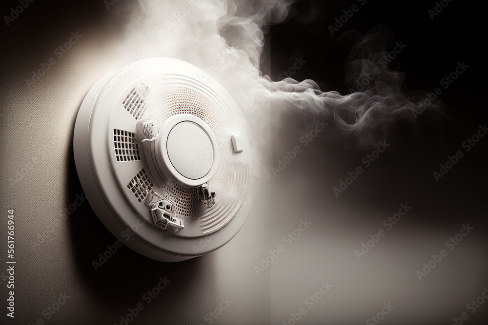 Smoke detector and fire alarm in action background with copy space ...