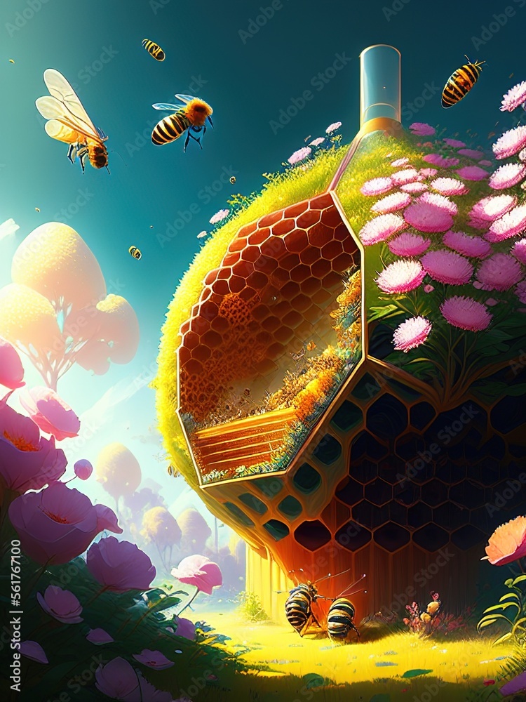 inside a beehive, cells, honey, bees, pollen, flowers Stock ...