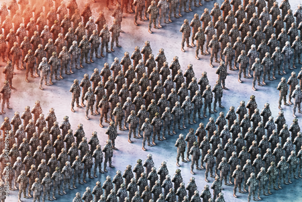 Mobilization of recruits, rows of soldiers in military camouflage ...