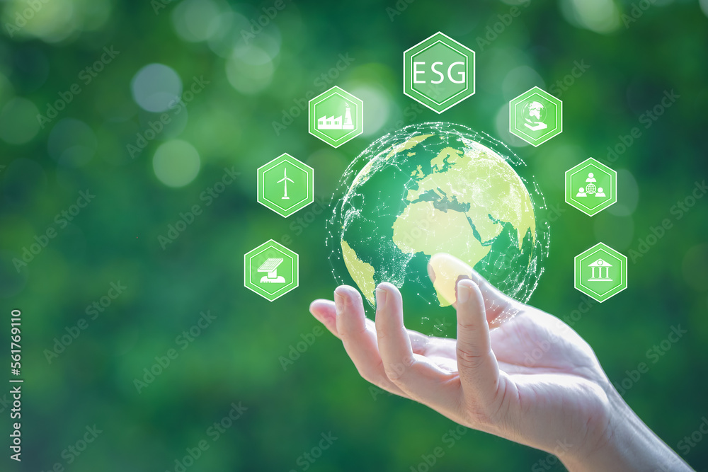 Poster ESG icon concept in the hand for environmental, social, and ...