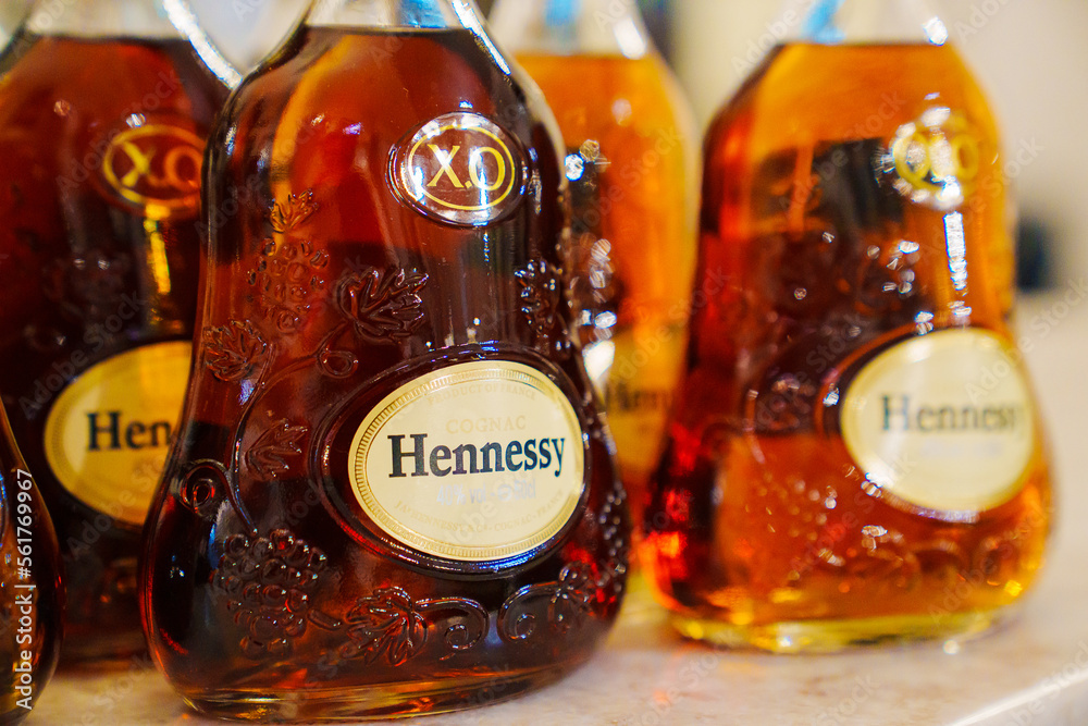 Hennessy French cognac bottles on the bar. Stock Photo | Adobe Stock