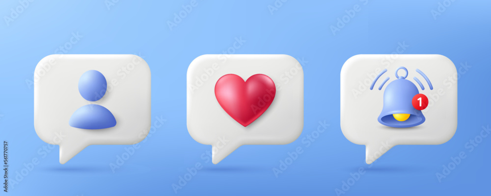 Social media notification 3d icons. Like, friend request and reminder ...
