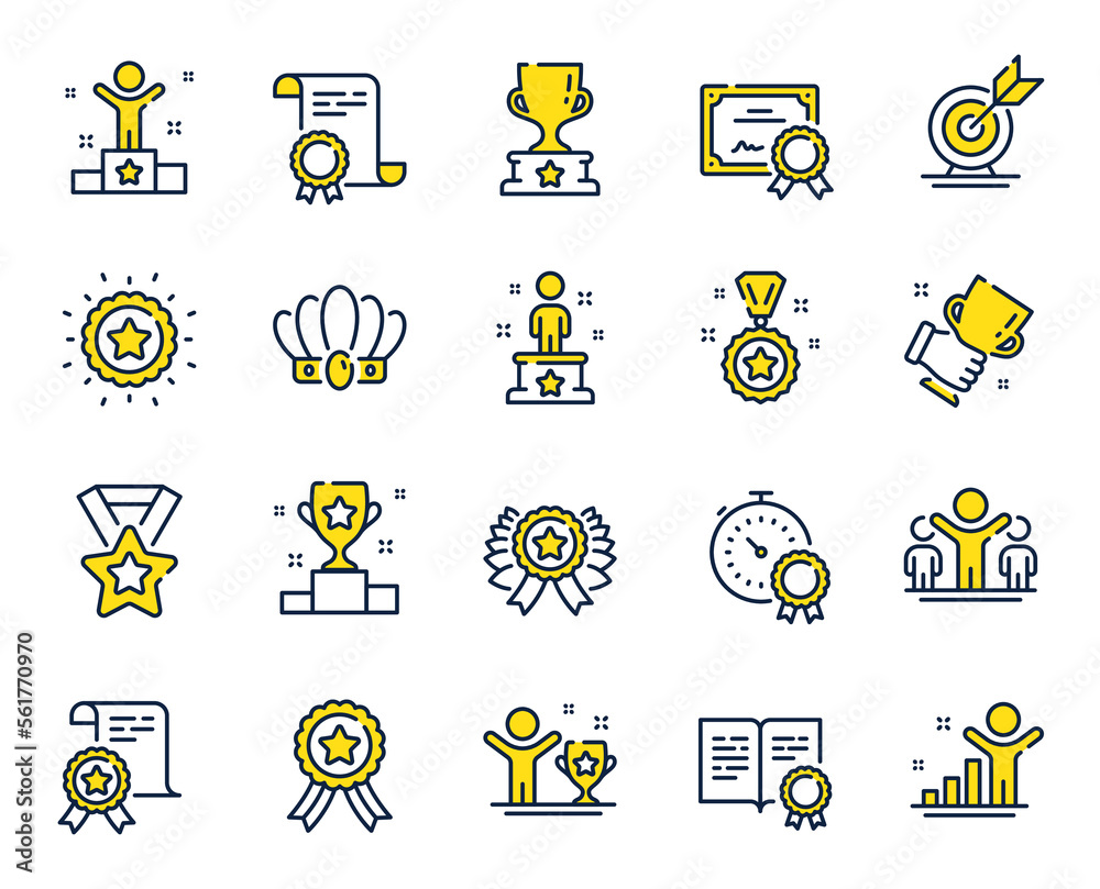 Success line icons. Winner cup, goal target, certificate. Reward, medal ...