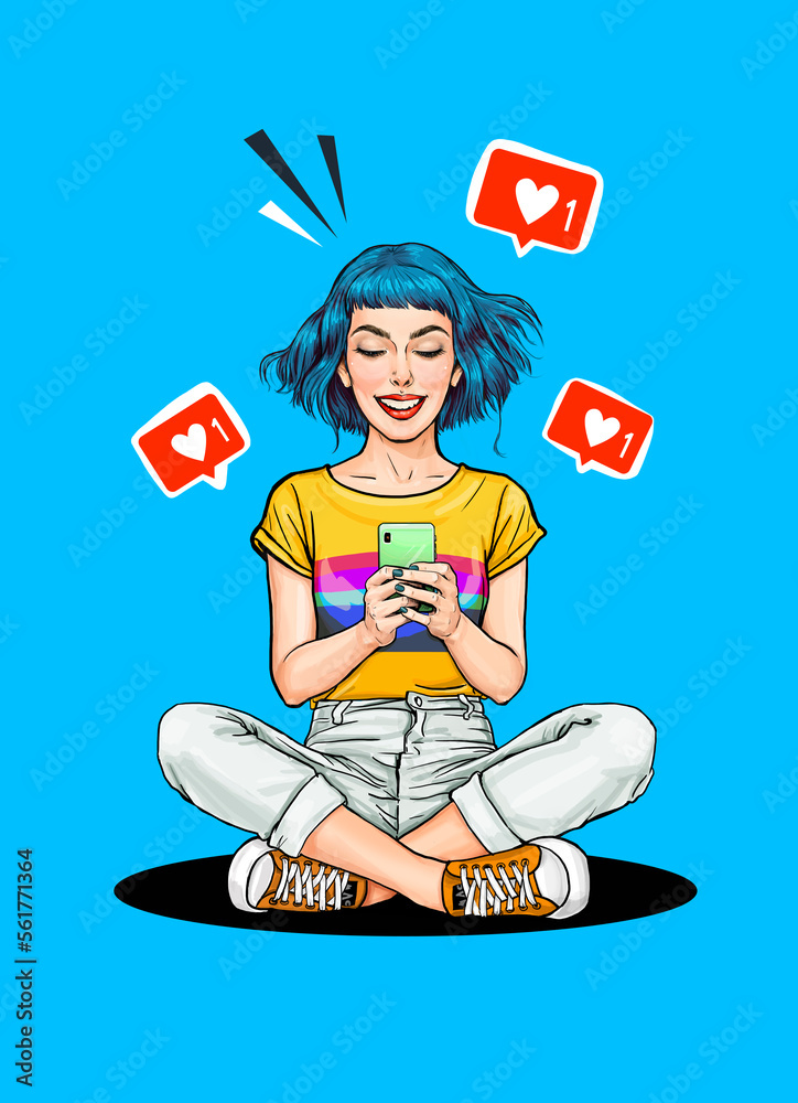 Portrait of nice cute smiling pretty girl addicted from social media ...