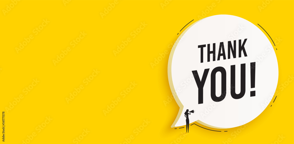 Thank you speech bubble banner. Thanks poster with woman holding ...