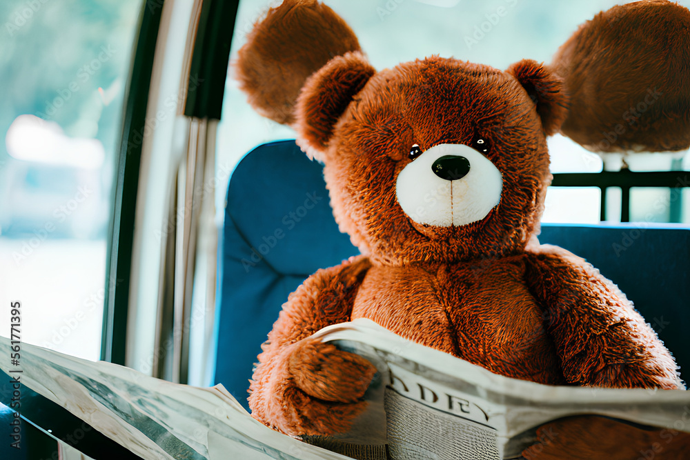Teddy bear on the bus reading newspaper image generated by AI ...