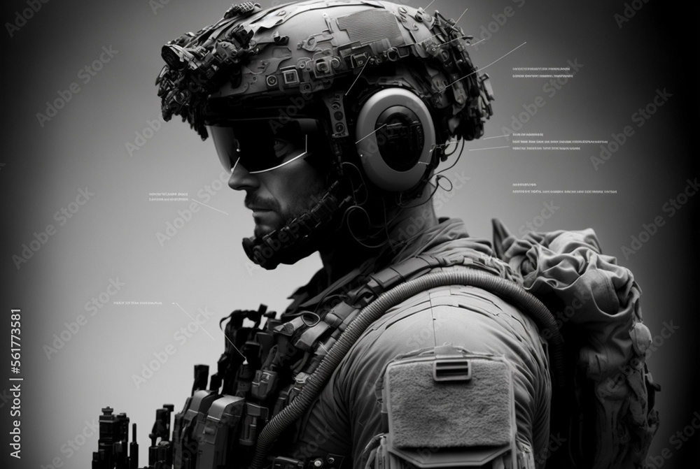 Future US marine corps soldier coming out from holographic projection ...