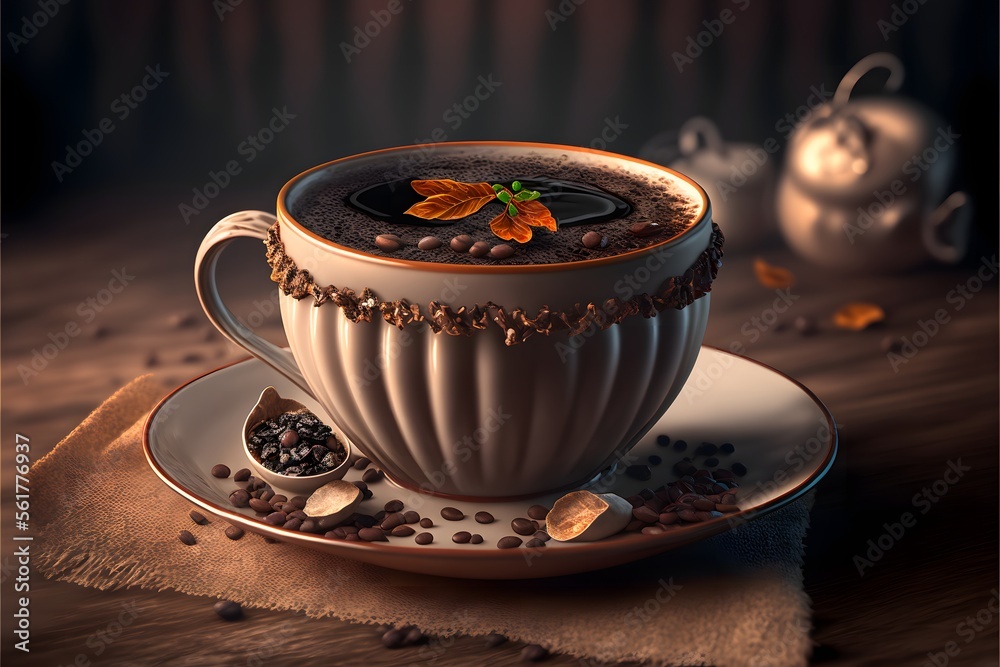 A cup of coffee, with a unique and creative blend of beans, placed on a ...