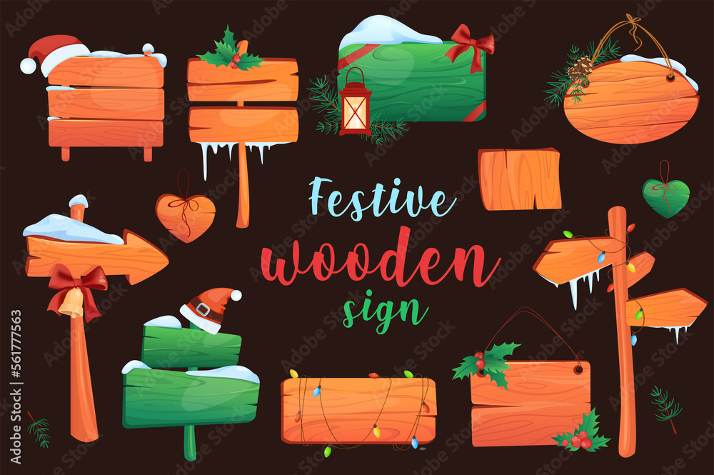 Festive wooden signs in cartoon style set isolated elements. Bundle of ...