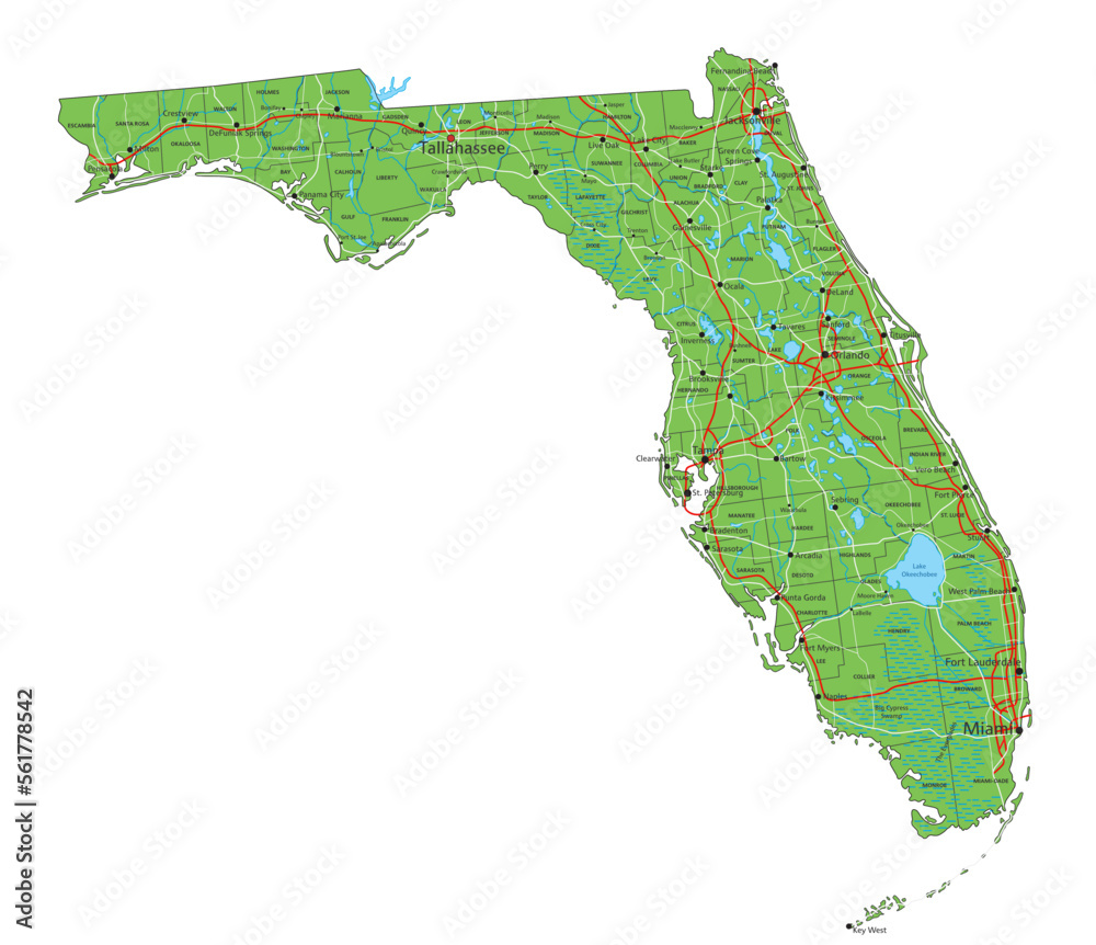 High detailed Florida physical map with labeling. Stock Vector | Adobe ...
