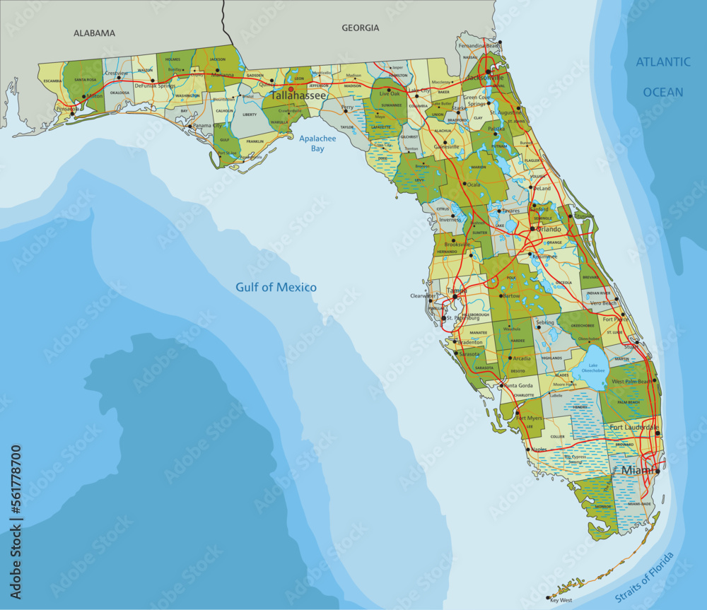 Highly detailed editable political map with separated layers. Florida ...