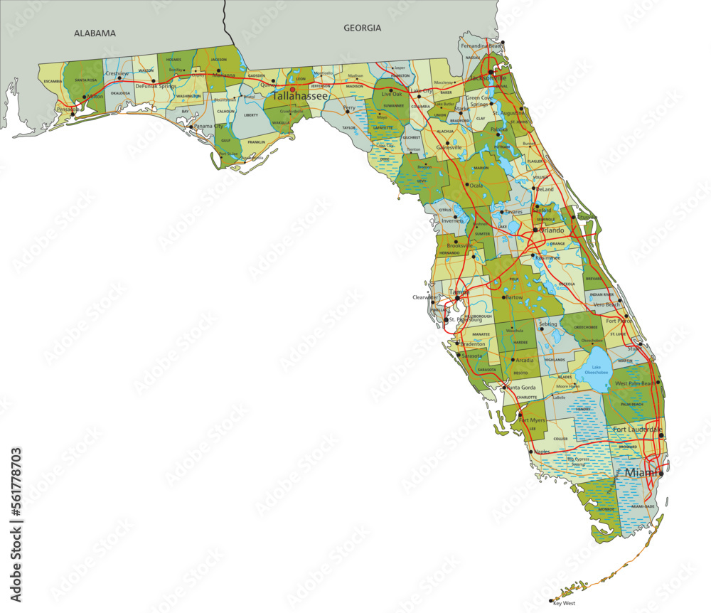 Highly detailed editable political map with separated layers. Florida ...