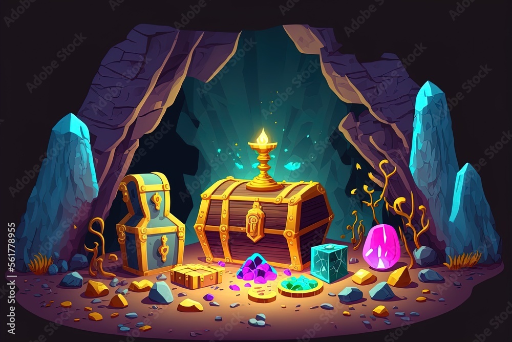 Ancient fantasy magic tomb or mine containing chests and barrels full ...