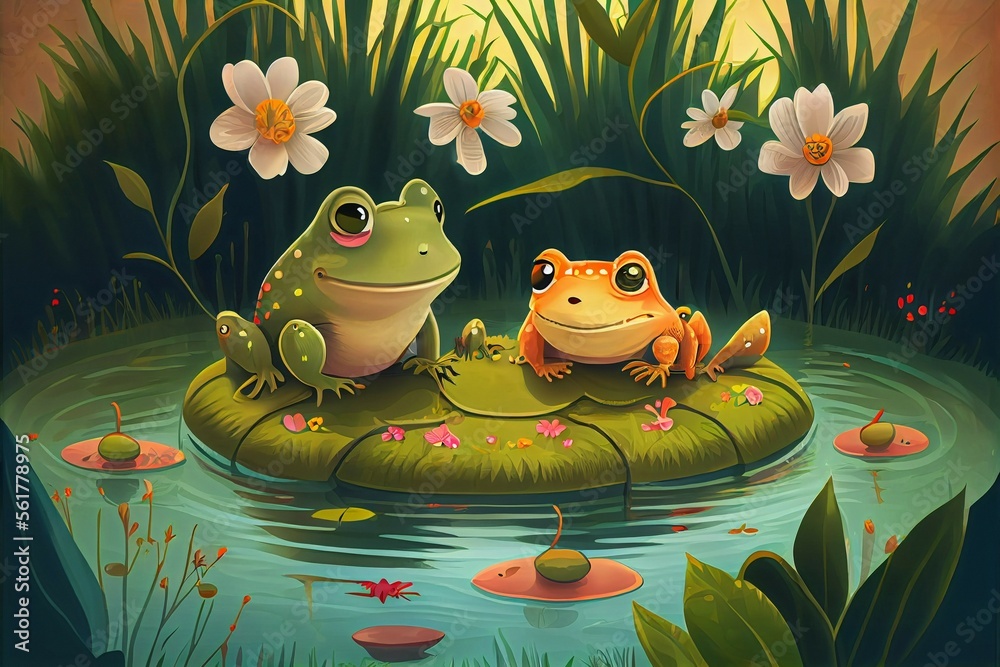 frogs sitting on lily pads cartoon illustration storybook, generative ...