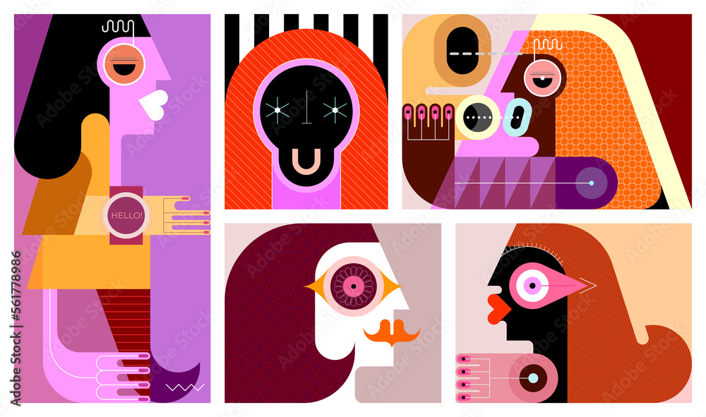 Pop art design of five different people portraits graphic illustration ...