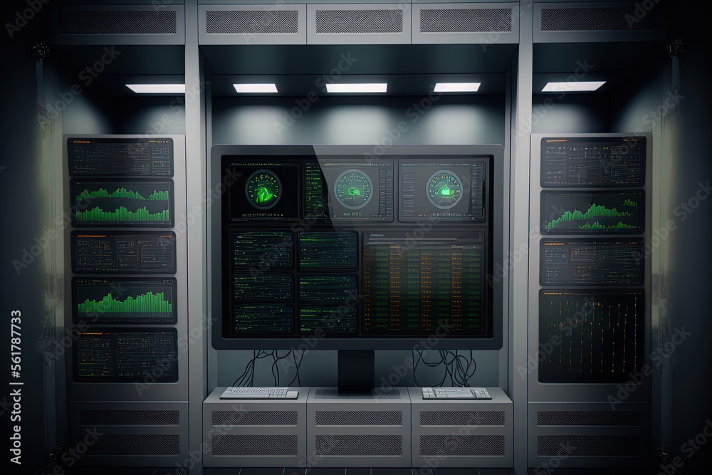 Data center area with servers and networking equipment mounted on rack ...