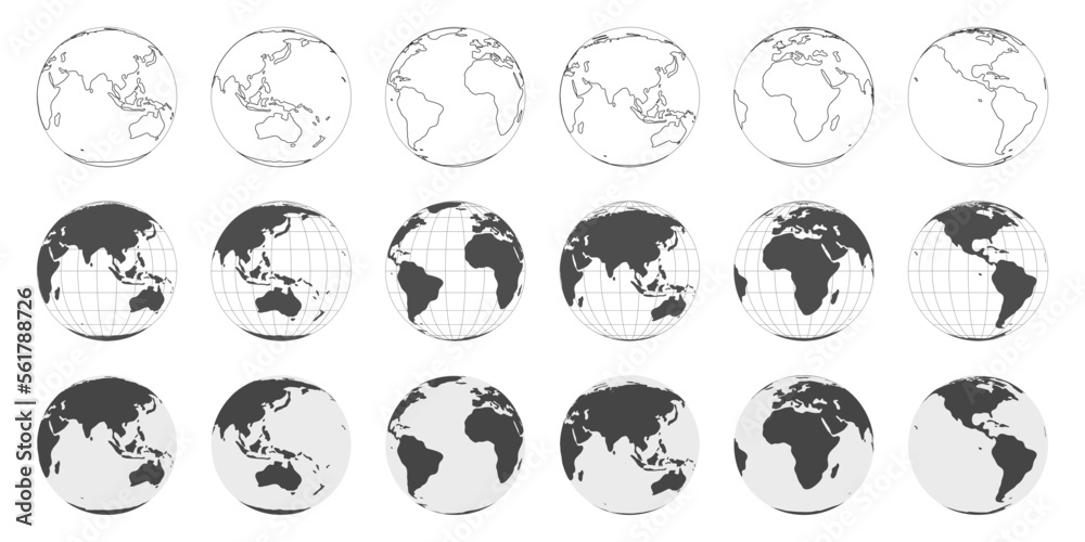 Hemispheres and globes with world maps showing countries and continents ...