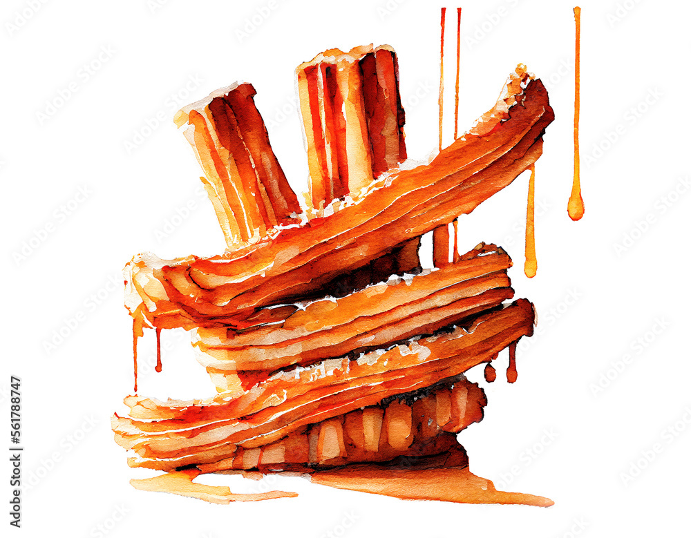 Realistic watercolor illustration of pile of churros drizzled with ...