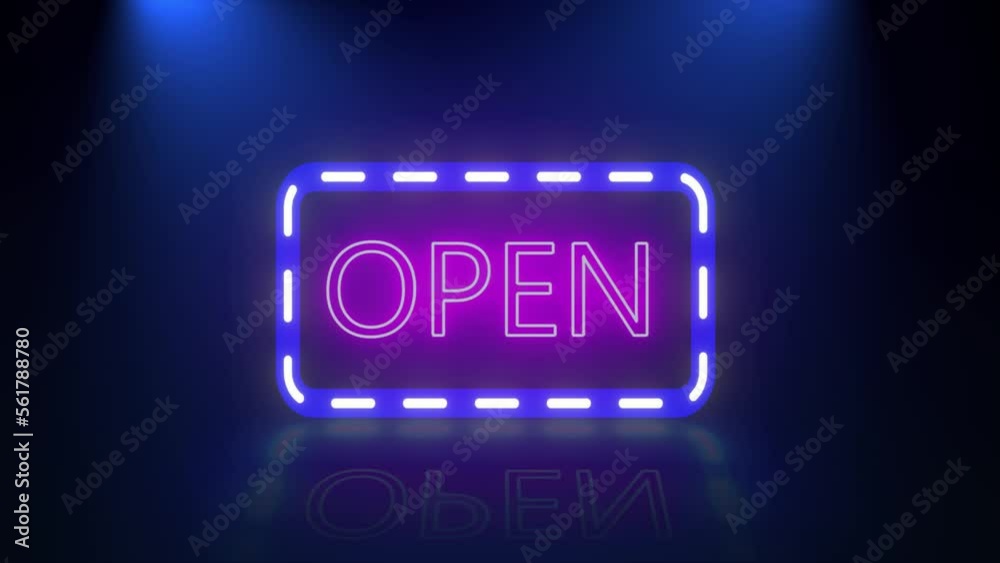 Neon Open Text Animation With blue stage light effects.neon Text We Are ...