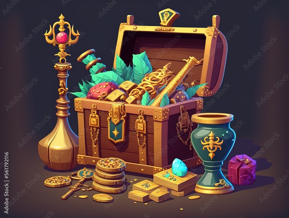 Illustration shows a treasure full with gold money, jewels, and ...