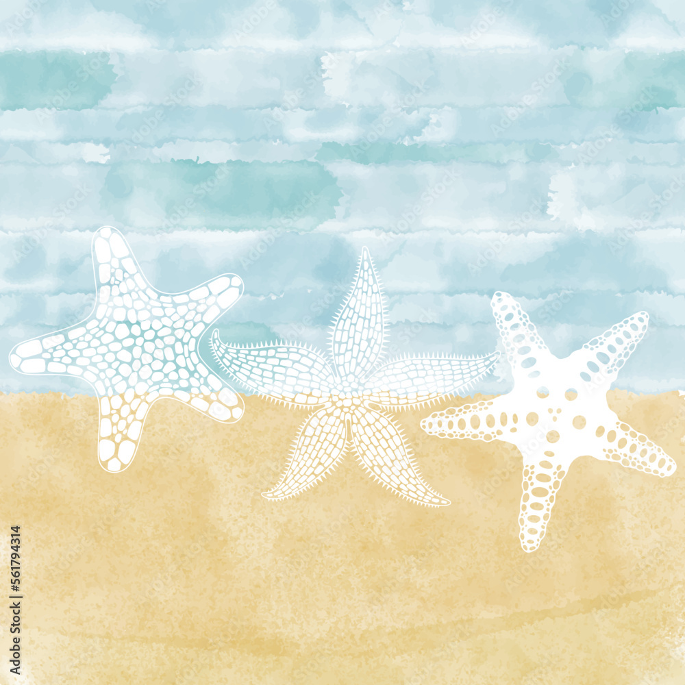 Marine background. Watercolor illustration with blue waves, sandy beach ...