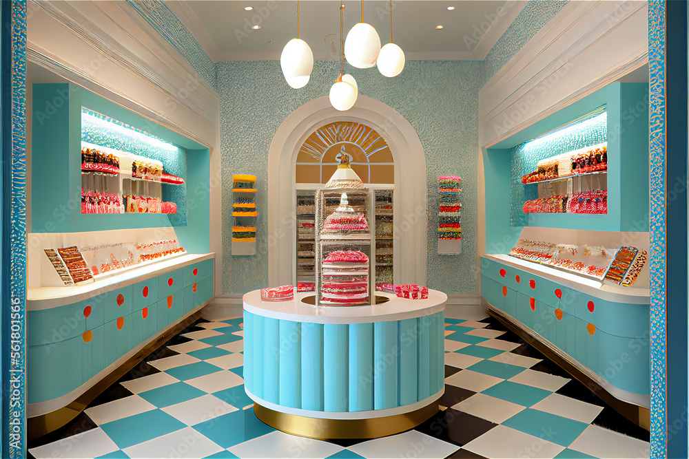 Stockillustratie Luxury premium candy shop interior in pastel colors ...