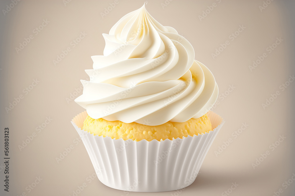 A side view of a vanilla cupcake with vanilla icing and a white paper ...
