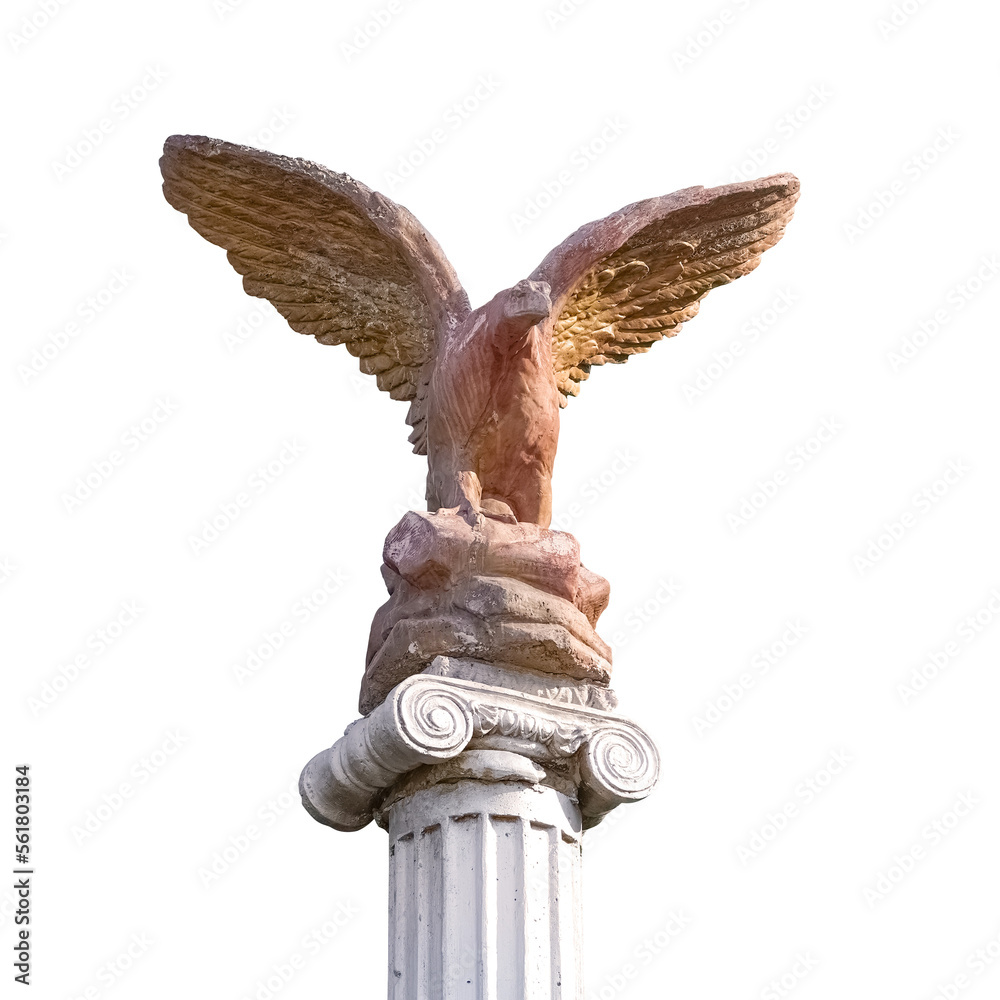 An old statue of a bird sits on a column in the Greek style. Isolated ...
